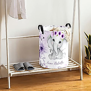 Personalized Laundry Basket, Floral Purple Elephant Custom Storage Bins Laundry Hamper with Name Collapsible Toys Organizer Gift