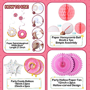 24 Pcs Donut Birthday Party Decorations, Donut Theme Table Cover, 8 Donut Paper Lanterns, Honeycomb Ball, 2 Party Paper Fans, 10 Donut Hanging Swirl, 4 Donut Balloons Garland for Baby Shower Party