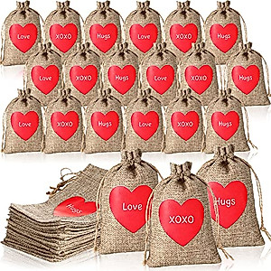 Crtiin 24 Pieces Valentine Heart Burlap Bags Valentine's Gift Bag Gift Candy Drawstring Bags Pouch Linen Gift Pockets for Valentines Party Favors Treat Goodie Bags (Letter Style)