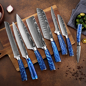 SENKEN 8-Piece Japanese Knife Set with Blue Resin Handle and Laser Damascus Pattern - Cerulean Collection - Chef's Knife, Santoku Knife, Bread Knife, Paring Knife, & More, Extremely Sharp Blades