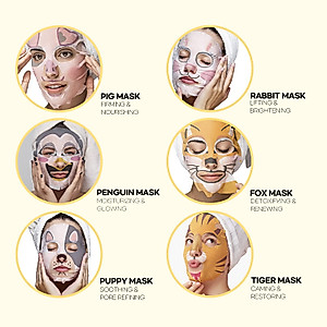 Epielle Animal Character Sheet Masks | Korean Beauty Masks for All Skin Types | Pack of 6 | Kids Face Mask, Birthday Party Gift, Girls' Night, Spa Day, Spa Night | Korean Skincare