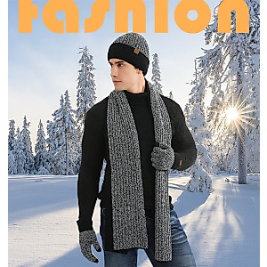 JTJFIT Men's Winter Knitted Beanie Hat Scarf & Touchscreen Gloves 3PCS Set Fleece Lined Cap for Men(Black-White)