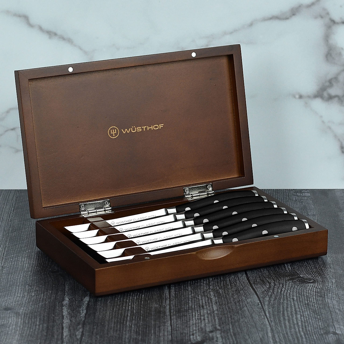 Wusthof Classic Ikon 6 Piece Steak Knife Set with Wood Case (Black Handles)