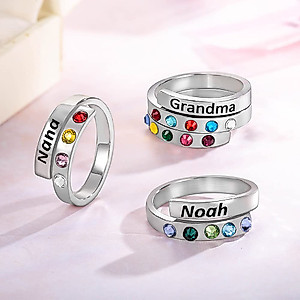 Custom Engraved Initials Name Rings For Women 925 Sterling Silver/Copper/Stainless Steel Stackable Mother Rings Anniversary Personalized 1-10 Birthstone Rings Grandma Birthday Gifts For Nana Mom