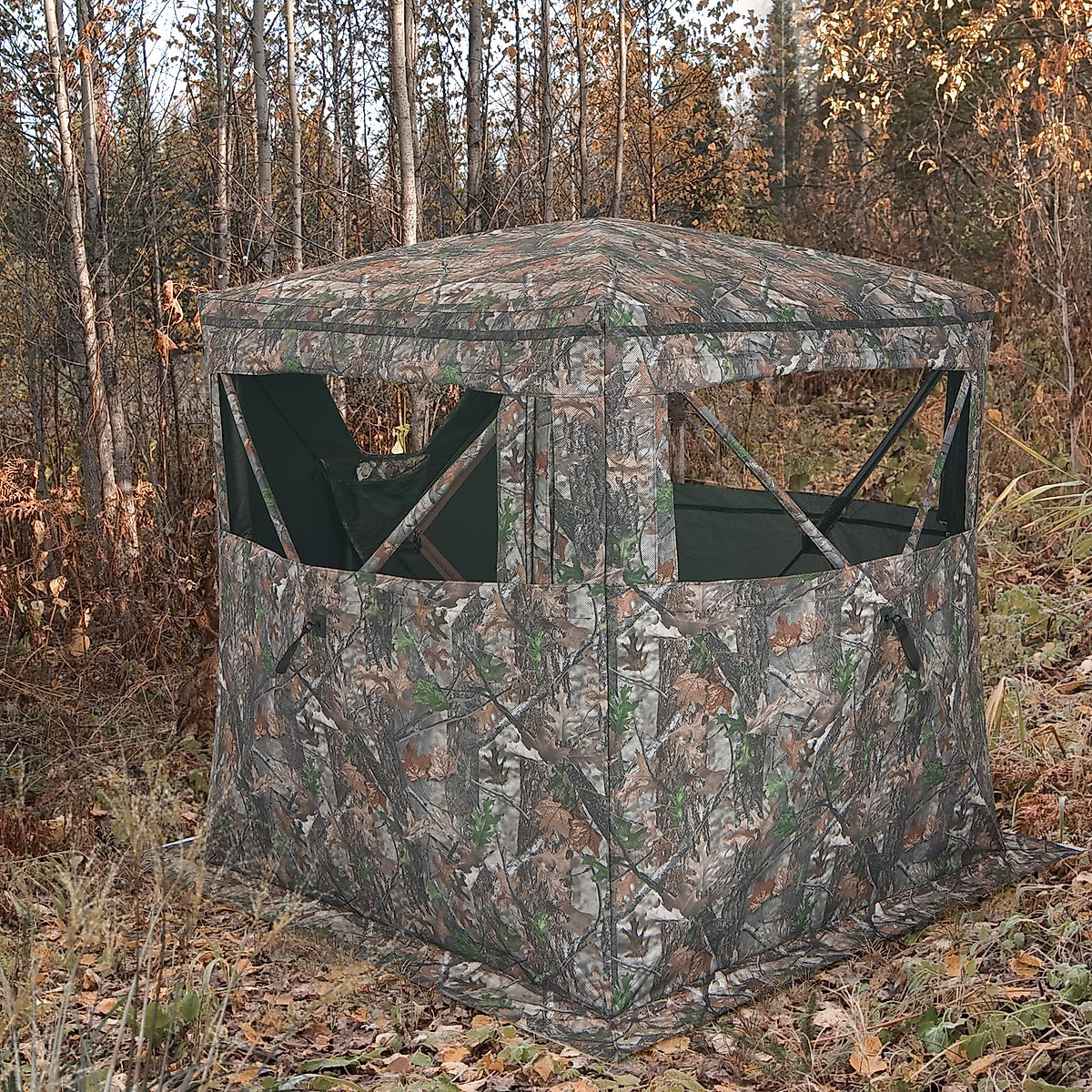 HAPPYGRILL Hunting Ground Blind for 2-3 Person, 270° See Through Hunting Blind with Storage Bag, Panoramic Window, Silent Window Slide, Portable Pop Up Blind Hunting Tent