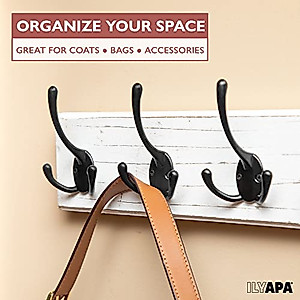 Ilyapa Coat Rack Wall Mount with Triple Hooks - 27 Inch Wood Wall Mount Coat Rack with Hooks, 6 Metal Three Pronged Tri-Hooks - for Hats, Coats, Kitchen, Bedroom, and More - White Finish
