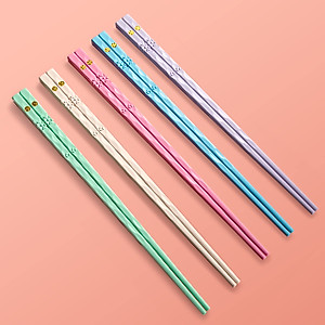 HELERKOL 5 Pairs Fiberglass Multicolor light color Chopsticks Carved Gold Glitter Patch Chopsticks Reusable Non-Slip Lightweight Chinese Japanese Korean Chopsticks Dishwasher Safe, 9.6 Inch long