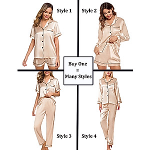 SWOMOG Women 4Pcs Silk Pajamas Set Button Down Sleepwear Loungewear Pj Sets for Ladies Nightwear Champagne Large