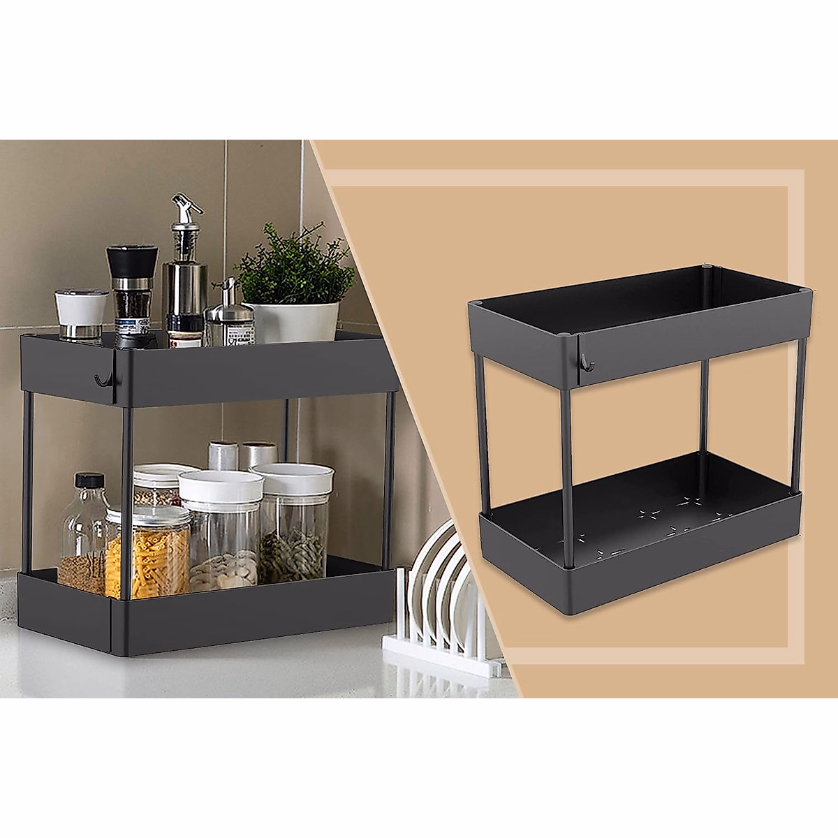 2PC Under Sink Storage Organizer Set Black, Under Sink Storage For kitchen And Bathroom, Multi Purpose Cabinet Storage