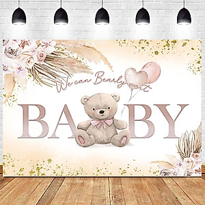 Aumeko Boho Bear Baby Shower Backdrop Bohemian Pampas Grass Pink Bear Baby Shower Background We can Bearly Wait Couples Co-Ed Shower Banner Decoration Supplies for Girls