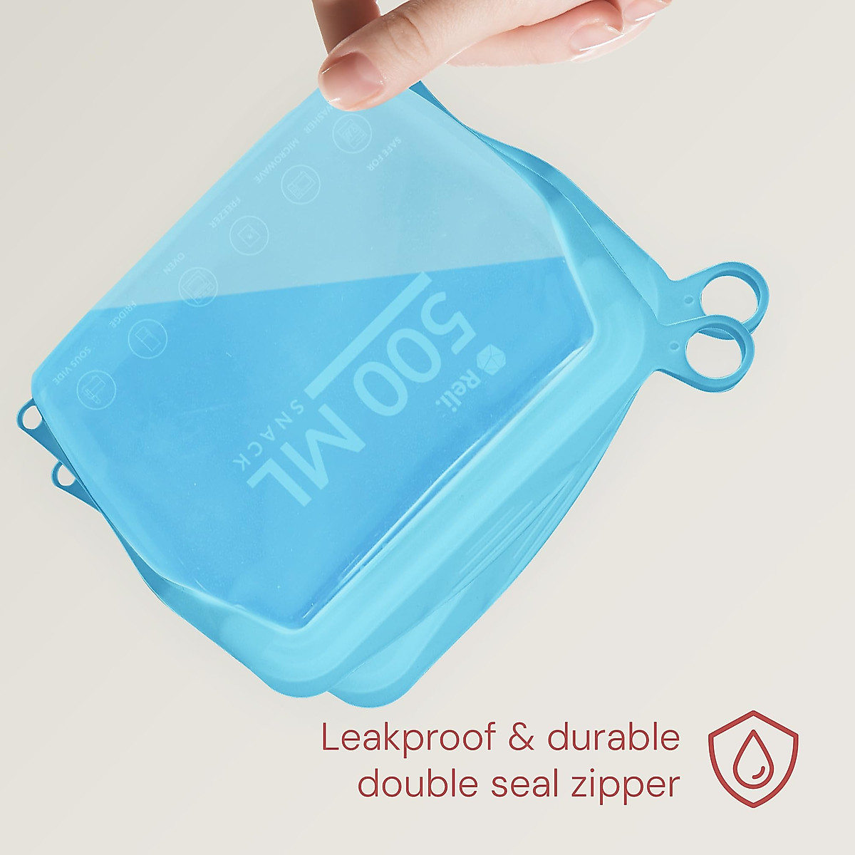 Reli. Reusable Silicone Bags (2 Pack) | Snack (500 ml) - Aqua | Silicone Bags for Food Storage | Small Reusable Food Storage for Meal Prep, Lunch Boxes | Leak-Proof, Dishwasher/Freezer Safe