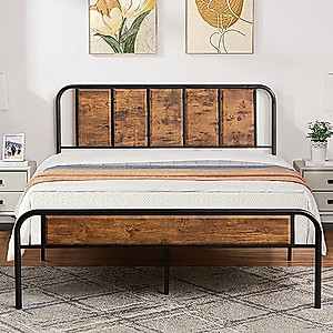 VECELO Full Size Platform Bed Frame with Wood Headboard, No Box Spring Needed,Heavy Duty Steel Slat and Anti-Slip Support,14 Strong Metal Slat Support, Easy Assembly, Vintage Brown