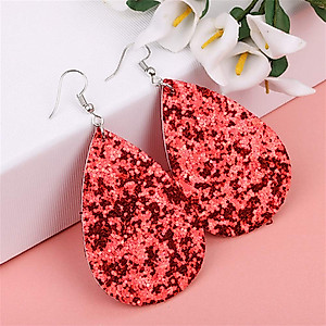 GIMEFIVE 4 Pairs Leather Teardrop Glitter Sequins Earring Lightweight Leaf Drop Bohemian Hollow Earrings For Women (Red+Gold+Silver+White)