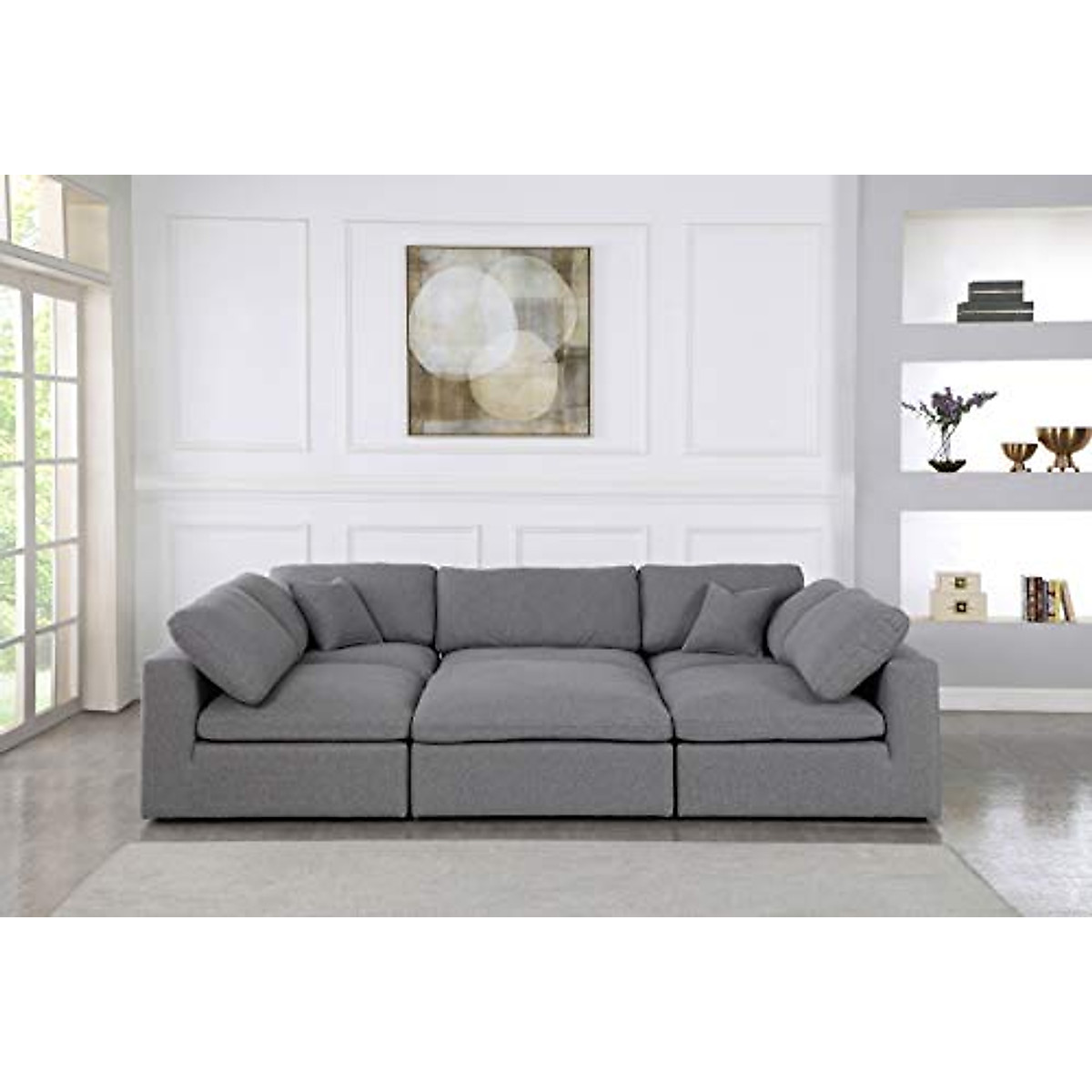 Meridian Furniture Serene Collection Modern | Contemporary Deluxe Comfort Modular Sectional, Soft Linen Textured Fabric, Down Cushions, 2 Corner + 3 Armless + 1 Ottoman, Grey