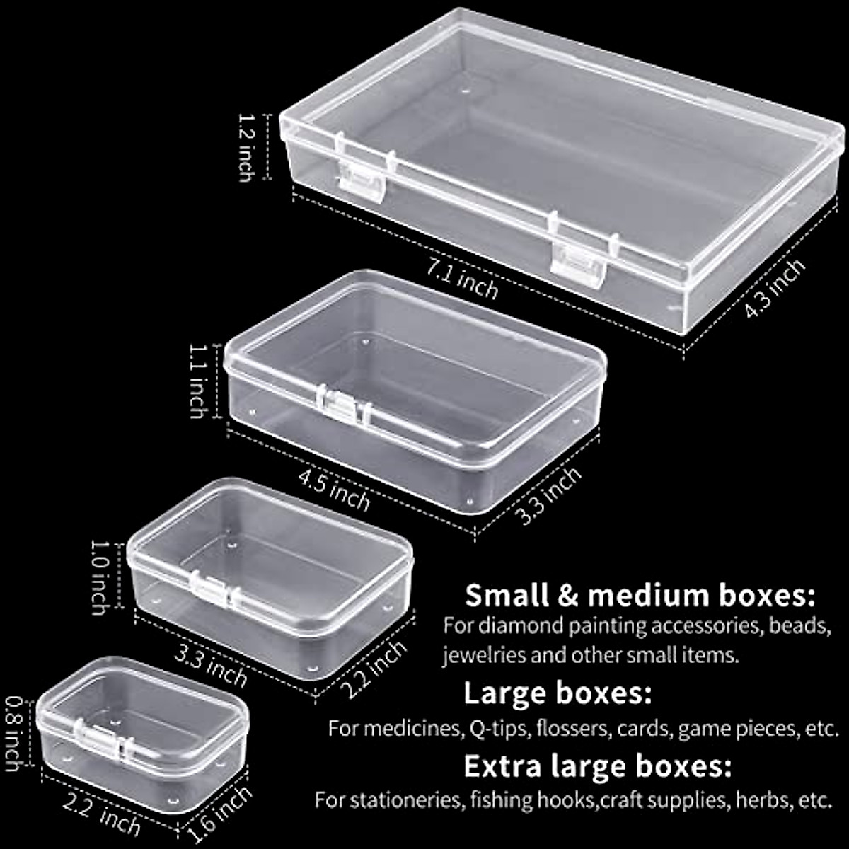 Qeirudu 24 Pcs Mixed Sizes Rectangle Mini Plastic Containers - 4 Mixed Small Craft Storage Boxes with Hinged Lids Clear Bead Organizer for Jewelry Findings, Office Supplies and Game Pieces