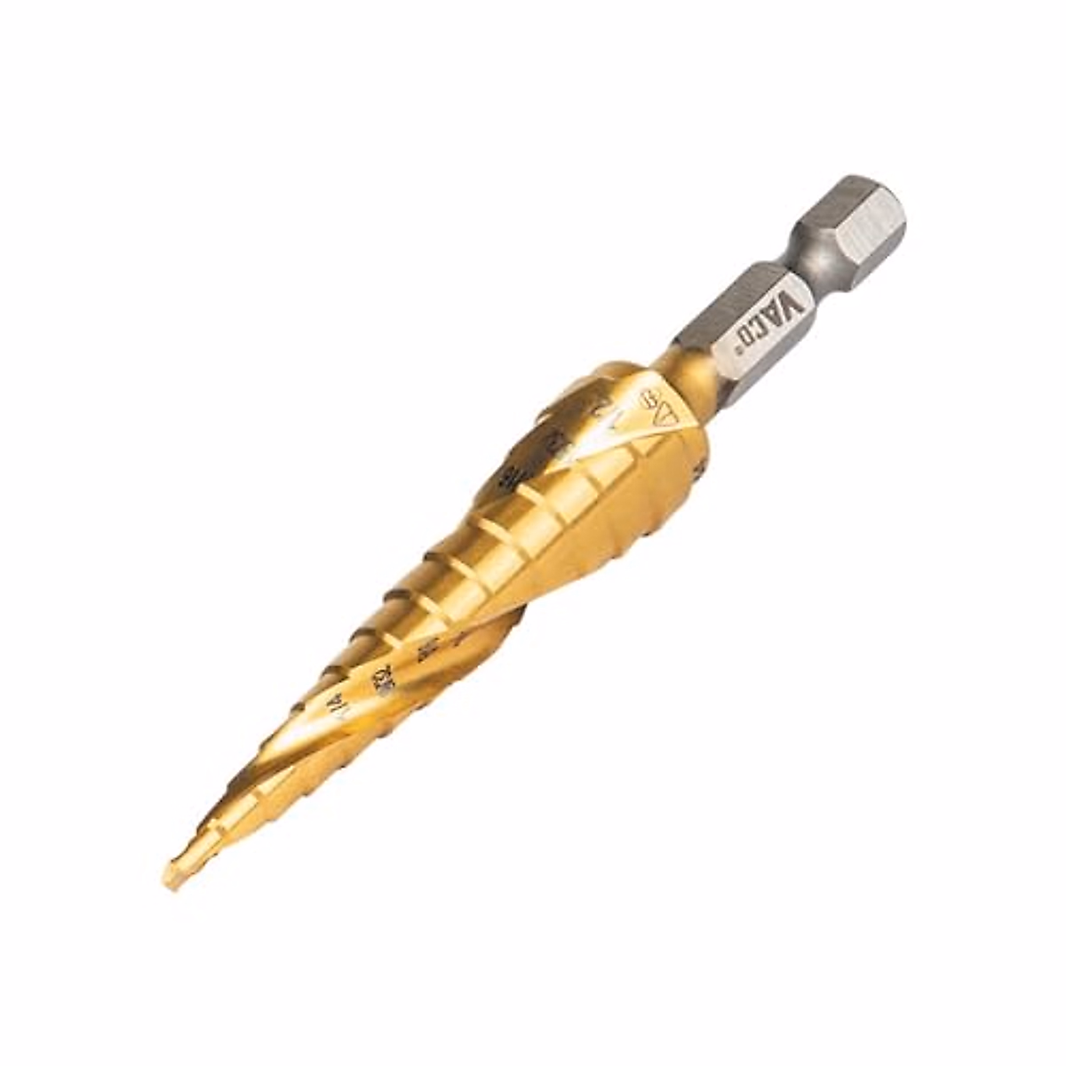 Klein Tools 25964 Step Drill Bit, 1/8 to 1/2-Inch, Spiral Double-Fluted, Cuts Thin Metal, Plastic, Aluminum, Wood, 1/4-Inch Hex Shank, VACO