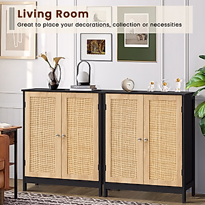 Iwell Storage Cabinet with Rattan Doors, Bathroom Storage Cabinet with Adjustable Shelf, Floor Cabinet for Living Room, Entryway, Kitchen, Home Office, Black