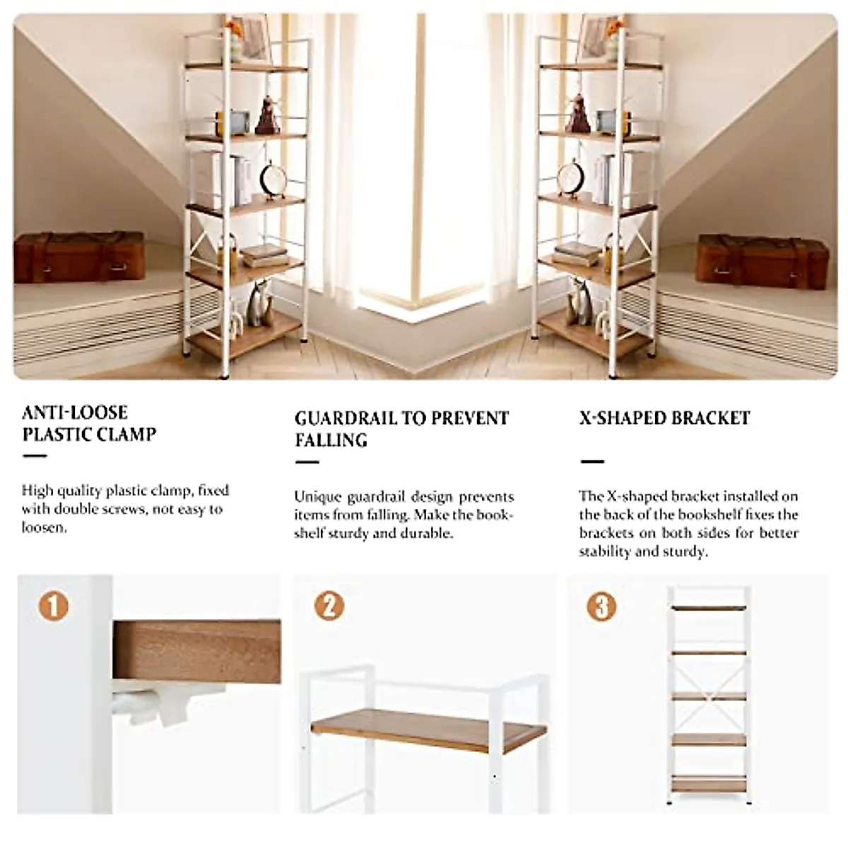 Crofy 5 Tier White Bookshelf, Real Wood Bookshelf Simply Assembled in 10 Minutes, Metal Book Shelf for Storage, Bookcase for Office Organization and Storage, 12.6 D x 23.62 W x 64.17 H Inches