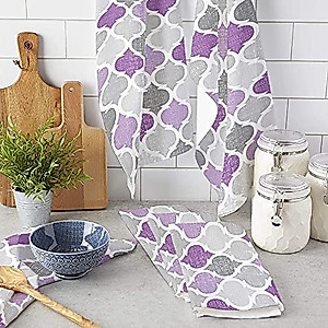 zzsunfeel Kitchen Towels Reversible for Drying Dishes, Purple Grey Geometry Morocco Set of 1 Dishcloths Cotton Hand Towels, Absorbent Dish Towels for Kitchen Counter Tea Towels 18"x 28"