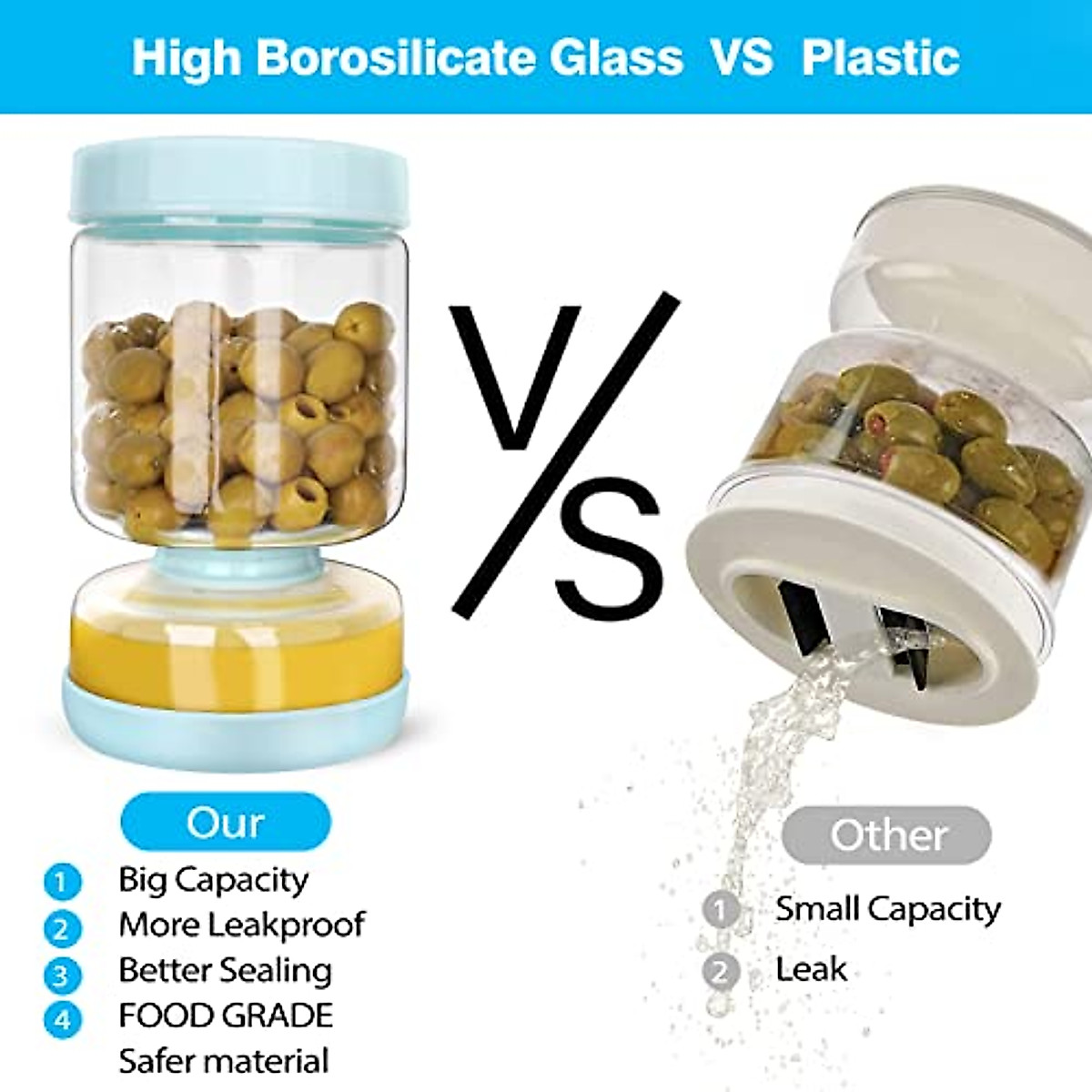 Homnoble Pickle and Olive Hourglass Jar with Strainer Flip for Pickle Juice Separator from Wet and Dry, Food-grade ABS Lid and BPA Free Hourglass Pickle Jar for Airtight Food Storage