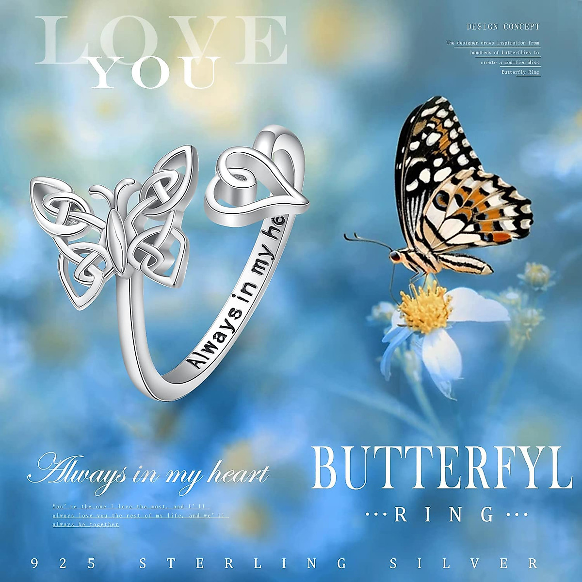Palpitate Butterfly Rings for Women Butterfly Rings 925 Sterling Silver Celtic Knot Butterfly Jewelry Gifts for Women