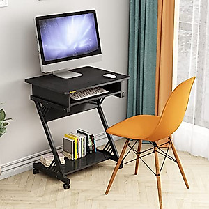 ALISENED Computer Desk for Small Spaces,23.6" Z-Shaped Compact Study Table with Smooth Keyboard Tray,with Wheels and Bottom Shelves for Home Office，Computer Cart Mobile Laptop Cart