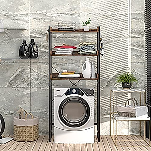 Ecoprsio Over-The-Toilet Storage Rack, 3-Tier Bathroom Organizer Shelf Over Toilet, Freestanding Space Saver Toilet Stands with 4 Hooks, Rustic Brown