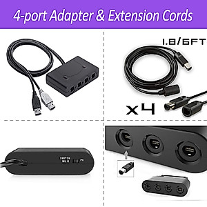 Edorco 4 Pack Gamecube Controller Bundle with 4 Extension Cords and a 4-Port Adapter for Nintendo Wii U/Switch/PC(Red and Blue)