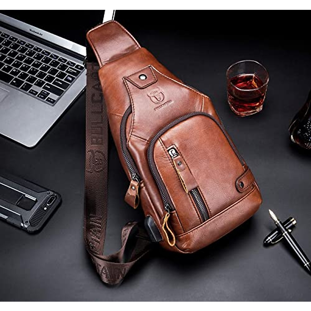 BULLCAPTAIN Leather Men Sling Bags Travel Crossbody Chest Bag Hiking Daypack with USB Charging Port Multi-Pocket