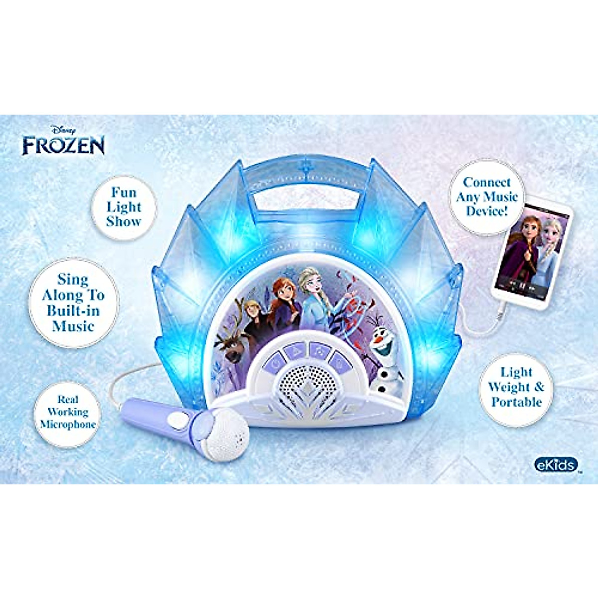 eKids Frozen Sing Along Boom Box Speaker with Microphone for Fans of Frozen Toys for Girls, Kids Karaoke Machine with Built in Music and Flashing Lights , Blue, 3.5mm Audio Jack
