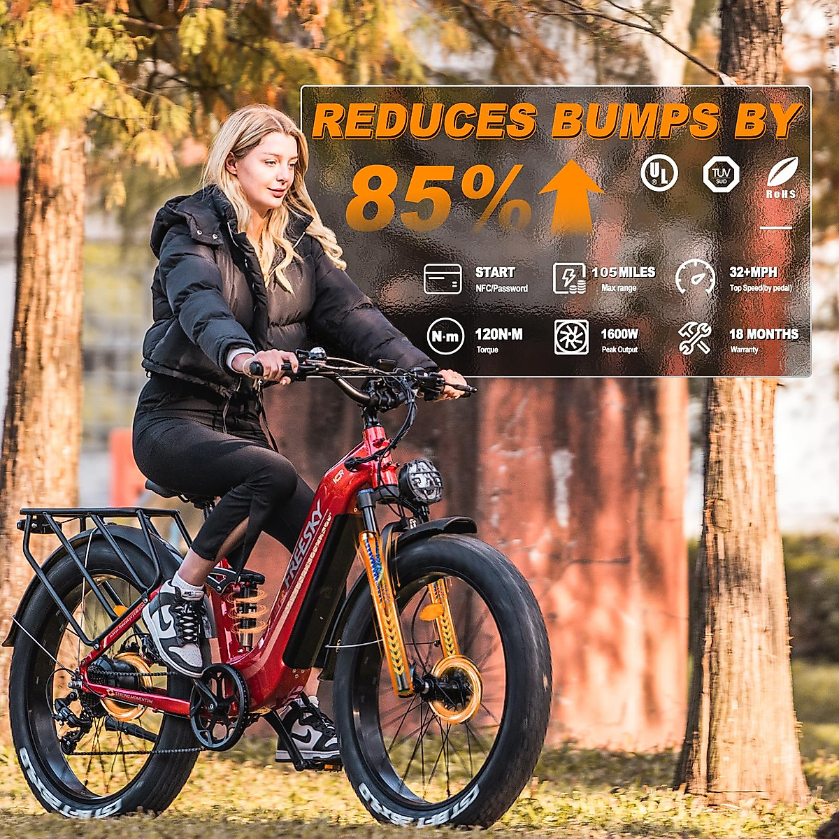 FREESKY Electric Bike for Adults with 1600W Power Motor, Full Suspension Ebikes up to 35MPH & 105Miles Max Range, 48V 25AH Removable Battery, 27" Fat Tire, Step-Thru E-Bike for Women/Men