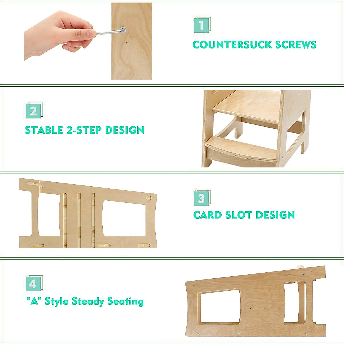 EGREE Toddlers Kitchen Step Stool with Safety Rail Kids Wooden Standing Tower for Kitchen Counter and Bathroom Sink, 3 Heights Adjustable Step Up Stool Mothers' Helper, Solid Wood Construction, White
