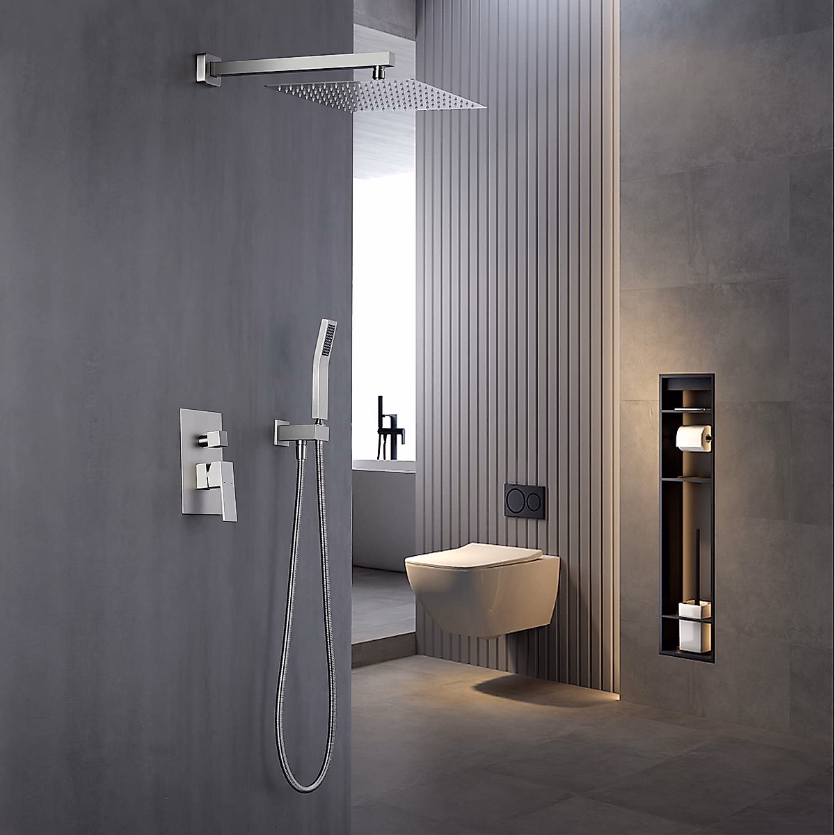 Kruzoo Shower System Rain 12 inches Brass Shower Faucet Set with Handheld Spray Mixer Set High Pressure Square Rainfall Shower Rough-in Valve (cUPC Certified Shower Valve Included) Brushed Nickel