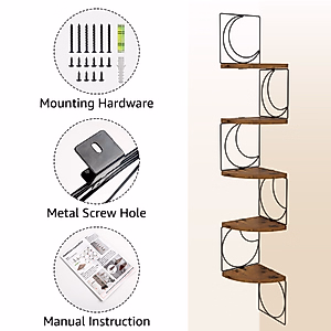 PHAREGE 5 Tier Moon Phase Corner Shelves Brown Black, Rustic Storage Shelves for Bedroom Kitchen Bathroom Living Room