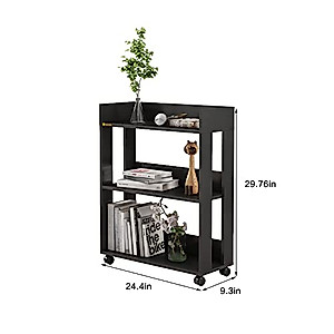 ALISENED Small Bookshelf and Bookcase, 3 Tier Wood Nightstand with Wheels, Modern Bedside End Table with Storage Rack for Bedroom, Library, Living Room, Home, Office Cart, Black