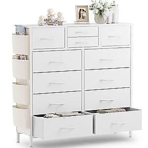 White Dresser for Bedroom, Dressers & Chests of Drawers, Closet Fabric Dresser w/12 Drawers Side Pockets Hooks, Clothes Dresser, Bedroom Dresser Storage Organizer for Hallway Entryway