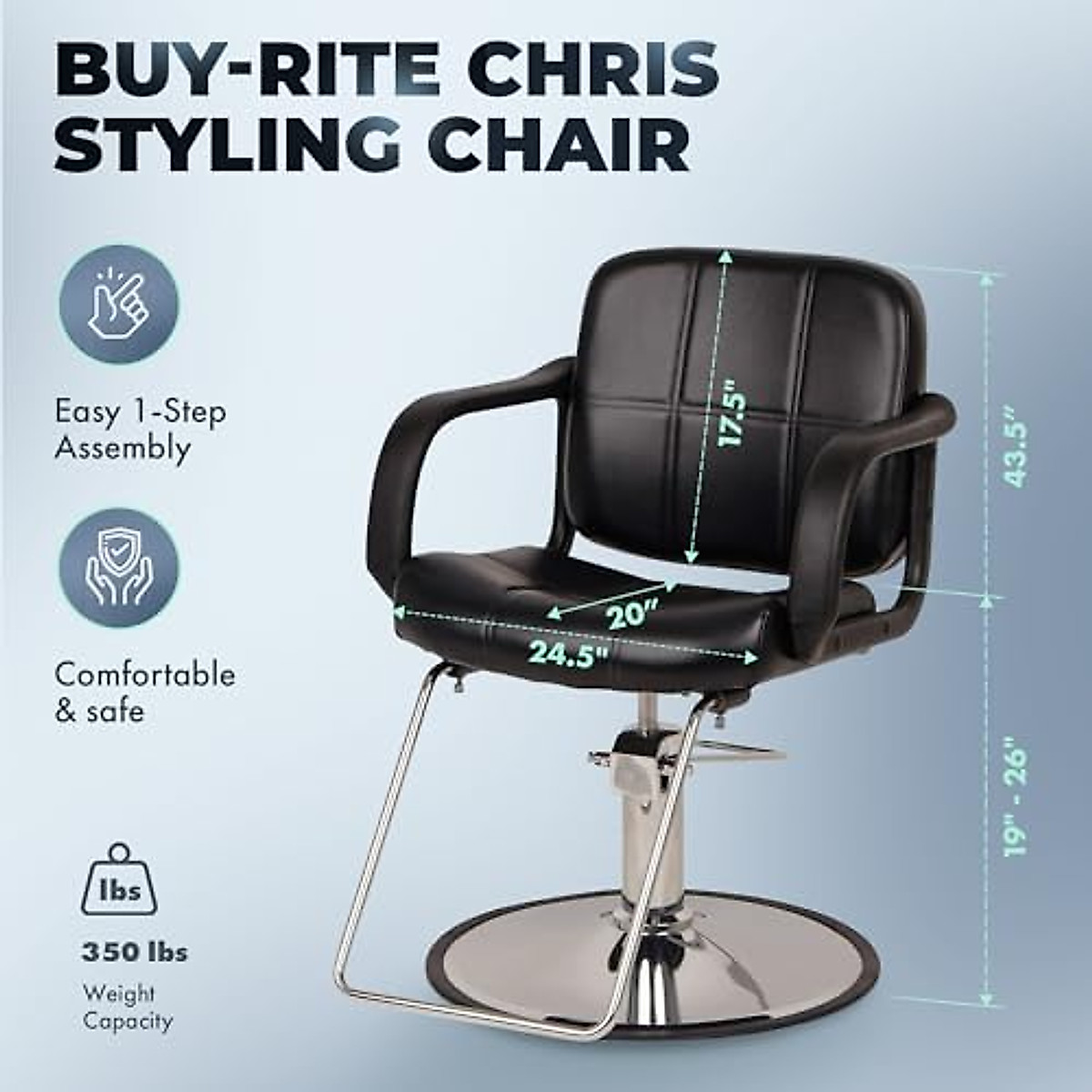 Buy-Rite Chris Styling Chair for Professional Salons and Spas, Modern Hair Stylist Chair, Extra-Wide Seat, 360-Degree Rotation, Fully Adjustable Height, SY-1801