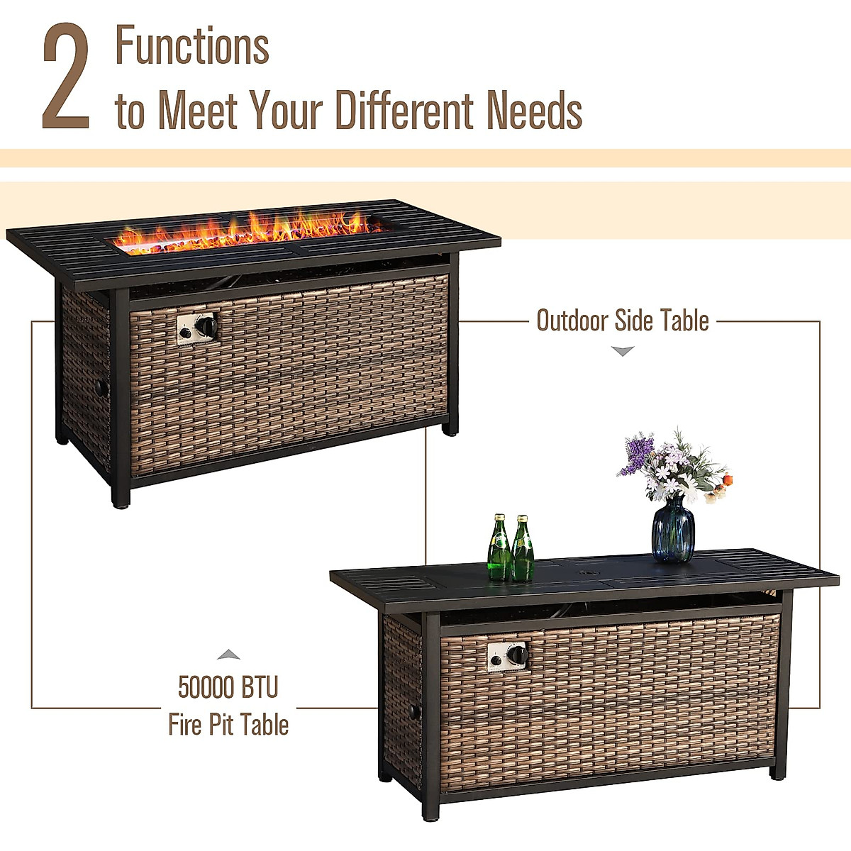 MFSTUDIO 56 Inch PE Rattan Gas Fire Pit Table,50000 BTU Rectangular Outdoor Propane Fire Pit Table with Waterproof Cover and Blue Stone for Patio Courtyard Balcony,Brown