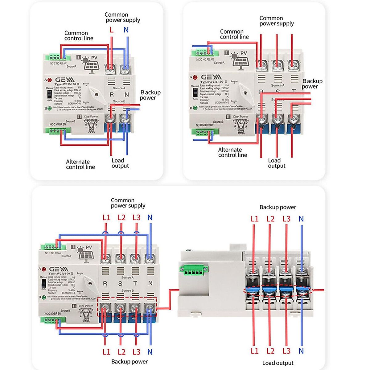 GAEYAELE on-Grid Photovolatic Power Automatic Transfer Switch Din Rail 4P 63A AC110V ATS PV Solar System Power Generator Transfer Switch Use (ATS-4P-63A-110VAC-Solar)