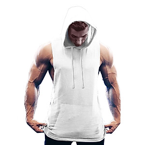 COOFANDY Men's Workout Hooded Tank Tops Bodybuilding Muscle Cut Off T Shirt Sleeveless Gym Hoodies White