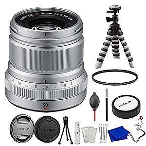 Fujifilm Fujinon XF50mmF2 R WR Lens (Silver) Bundle with Advanced Accessory and Travel Bundle | Fuji xf 50mm Lens