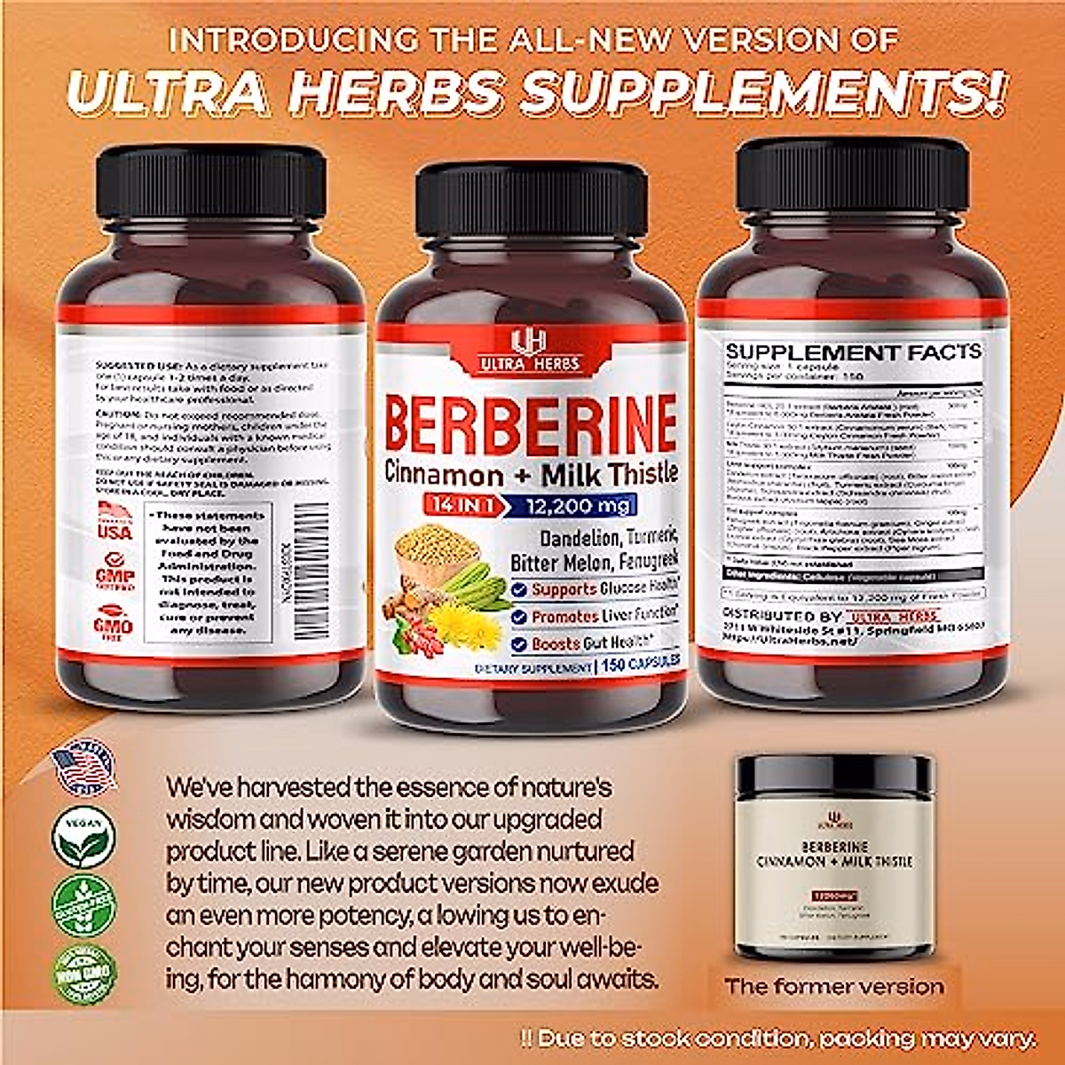 Ultra Herbs Premium Berberine 12,200MG with Cinnamon, Milk Thistle *USA Made & Test* Promotes Liver Function, Gut Health, Immunity (150 Count (Pack of 1))