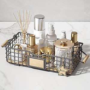 Qcold Bathroom Organizer Basket, Bathroom Counter Organizer - Small Metal Basket - Bathroom Counter Organizers and Storage with Handles, Wire Baskets for Organizing Farmhouse Decor - Gray