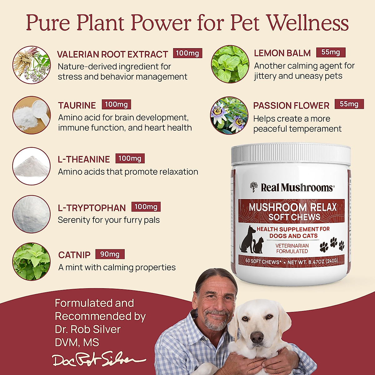 Real Mushrooms Calming Chews for Dogs - Cat & Dog Calming Treats w Reishi & Lion's Mane, Calming Treats for Dogs, Calming Chews for Relaxation, Calming Bites for Pet, Calming Cat Treats - 60ct