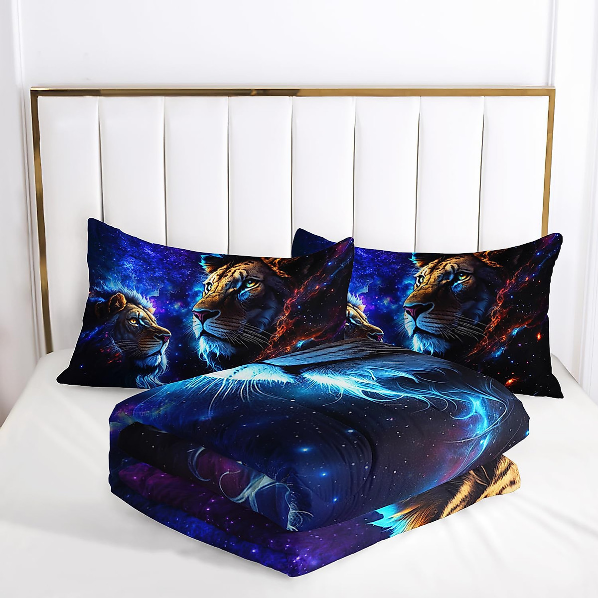 AILONEN 3D Lion Comforter Set Queen Size, Fantasy Glitter Galaxy Lion Bedding Set for Kids Boys,Safari Wild Animals Bed in a Bag for Bedroom Decor,1 Quilt and 2 Pillowcases,3PCS