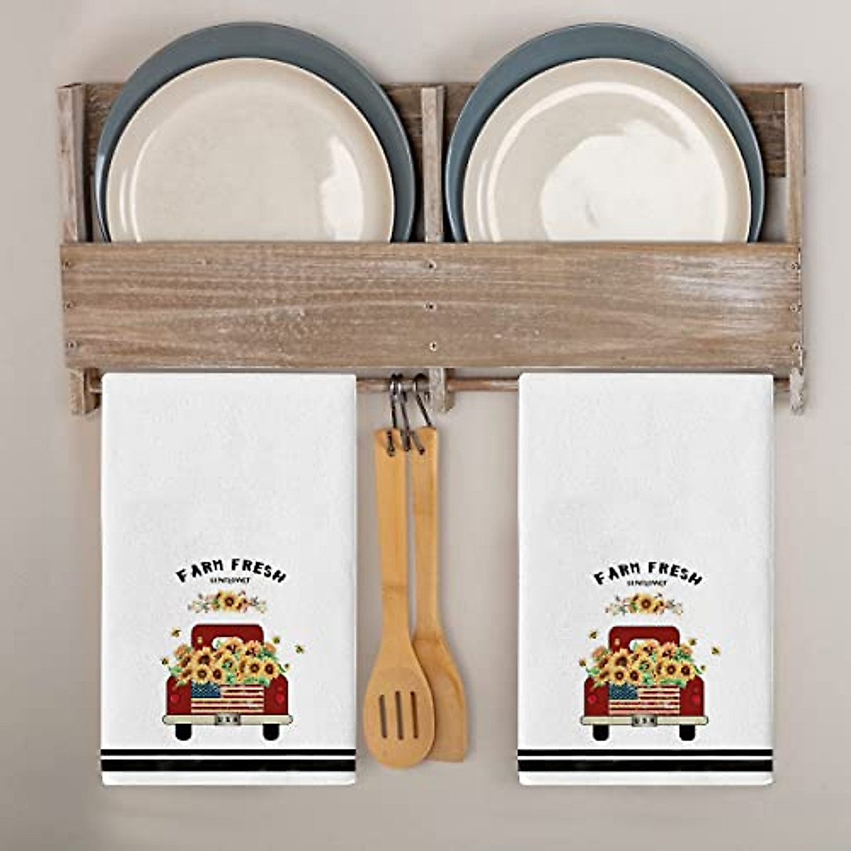 Beisseid Kitchen Towels Farm Fresh Sunflower Truck Dish Cloth Fingertip Bath Towels Cloth Black Stripes Hand Drying Soft Cotton Tea Towel 18x28in