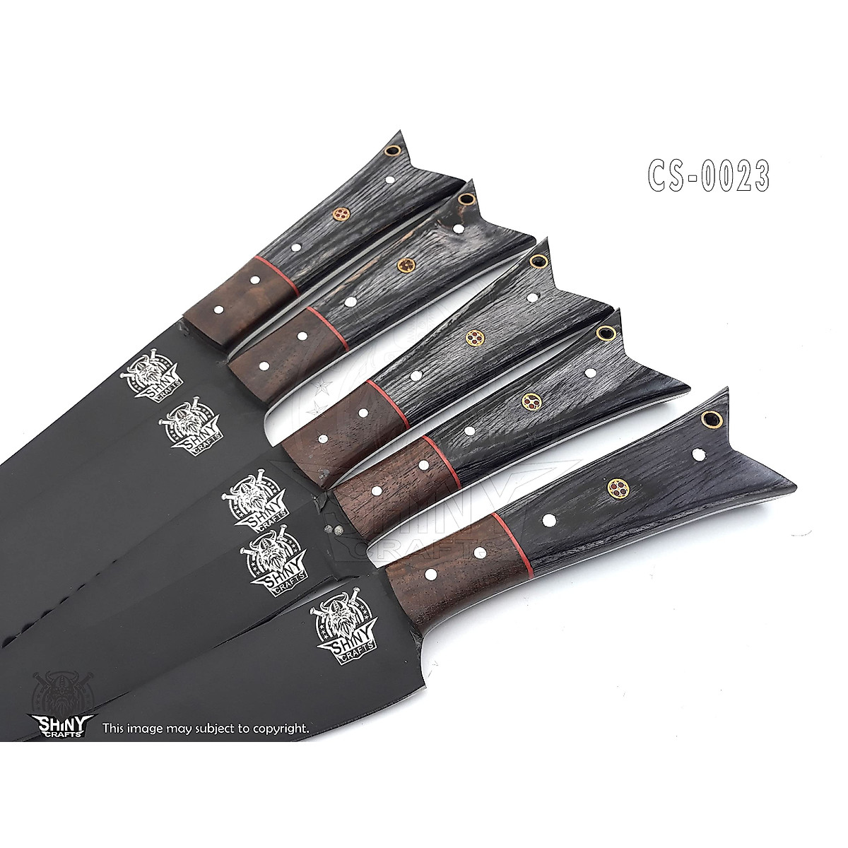 SHINY CRAFTS | Chef knife black Coated Kitchen Knife Set with wood handle and D 2 Steel Blade, Chef’s Knives set with Leather Pouch Roll (CS-23)