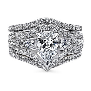 BERRICLE Sterling Silver 3-Stone Wedding Engagement Rings Pear Cut Cubic Zirconia CZ Woven Ring Set for Women, Rhodium Plated Size 4