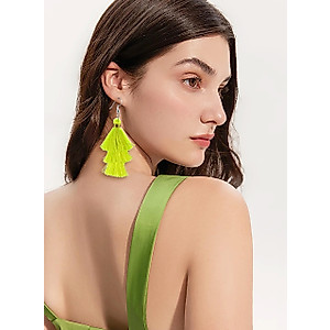 AD Beads Fashion Copper Dangle Tassel 3 Layers Fan Fringe Earrings, Lime Yellow, 3.15 in