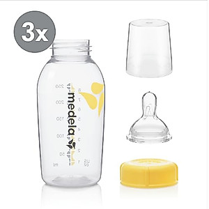 Medela Medium Flow Feeding & Storage Bottles, 3 Pack of 8 Ounce Bottle with Nipple, Lids, Wide Base Collars, and Travel Caps, Made Without BPA